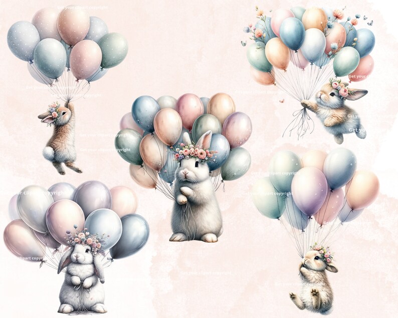 Bunny and Balloons Clipart Bundle, Bunny Nursery Print, Watercolor ...