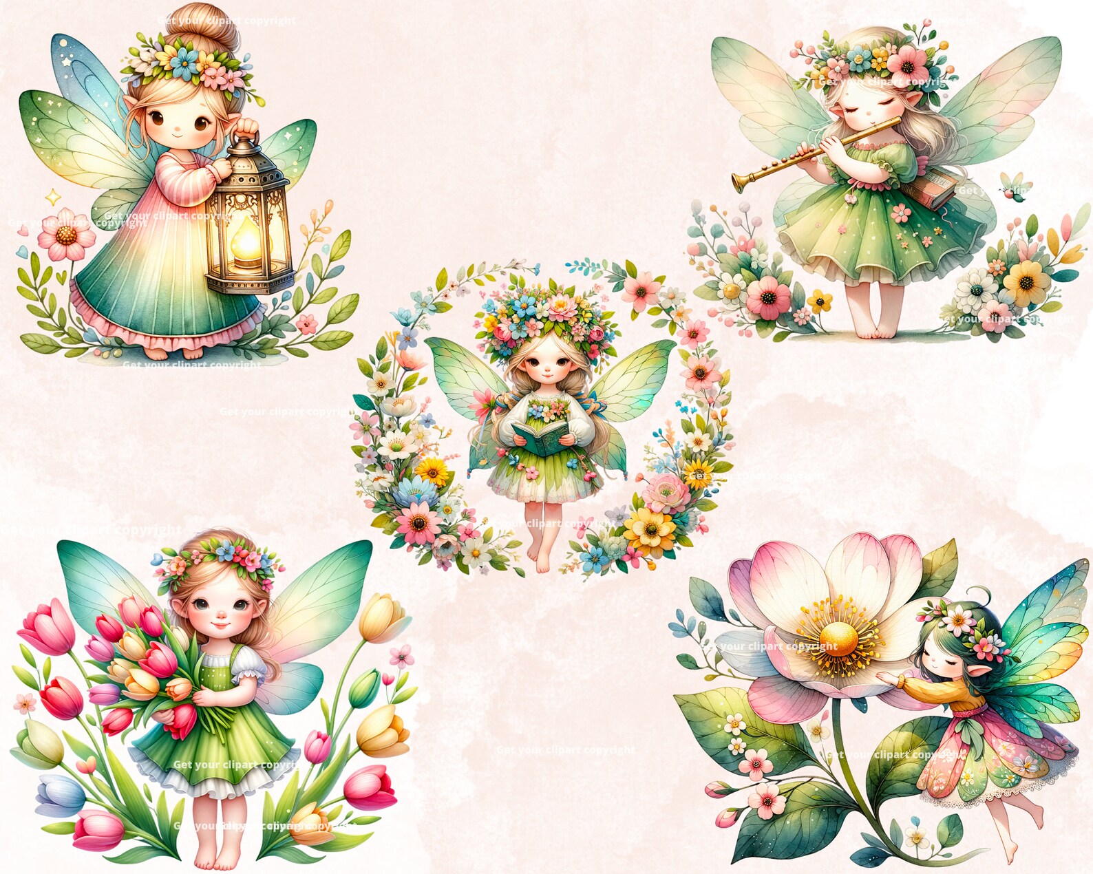 Cute Spring Fairies Clipart Bundle, Spring Clipart Bundle, Spring ...