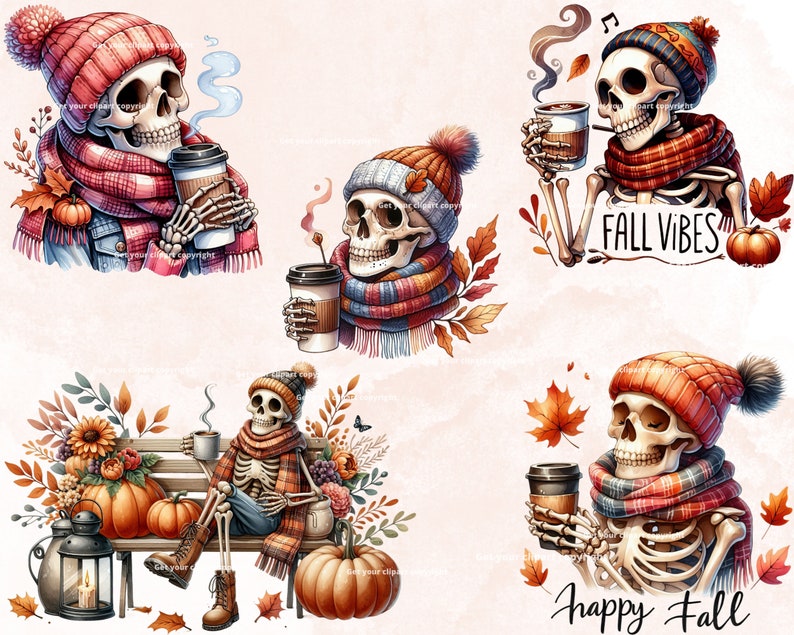 Fall Skeleton Clipart Bundle, Skeleton Drinking Coffee, Autumn Skeleton ...