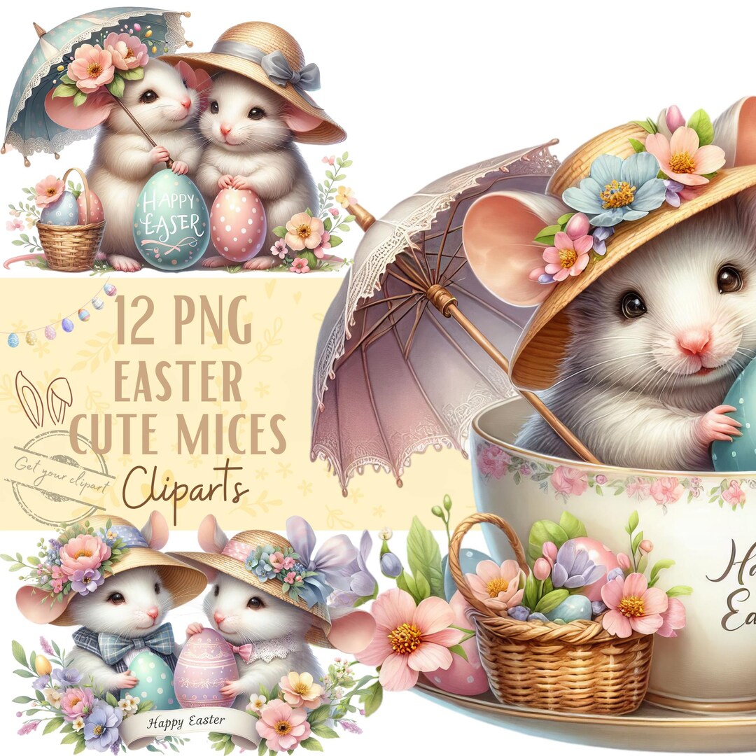 Mice in Tea Cup Clipart Bundle, Mice Pngs, Watercolor Mice Graphics, Cute Mice With Transparent ...