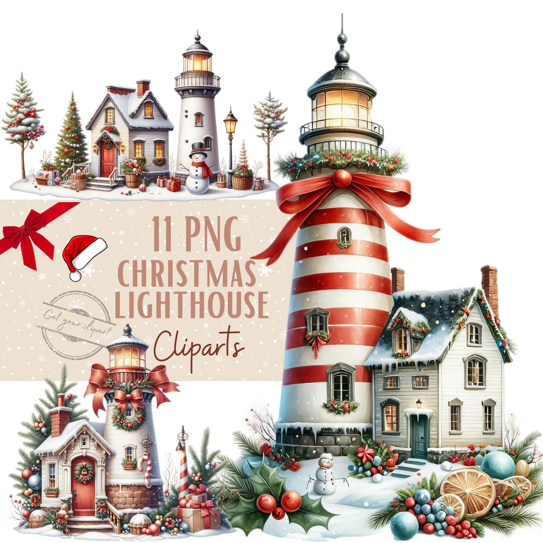 Christmas Lighthouse Clipart Bundle, Nautical Christmas, Christmas ...