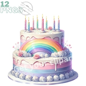 Rainbow Birthday Cake Clipart Bundle, Happy Birthday Graphics, Cake Png ...