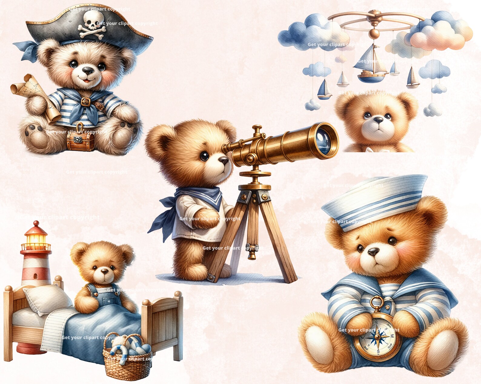 Nautical Teddy Bear Clipart, Nursery Graphics, Nautical Clipart, Teddy ...