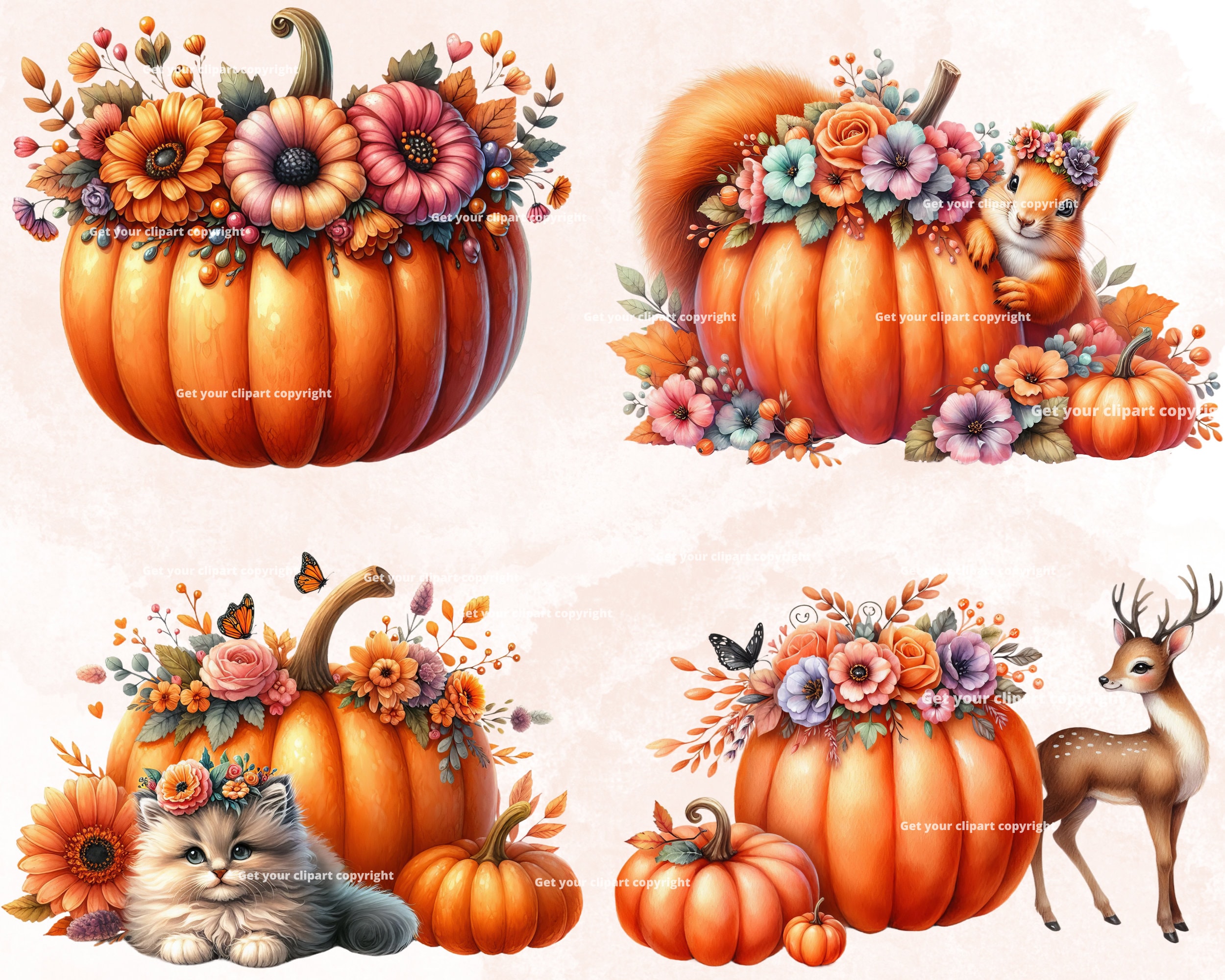 Fall Floral Pumpkin Clipart Bundle, Floral Pumpkin Png, Hello Fall ...