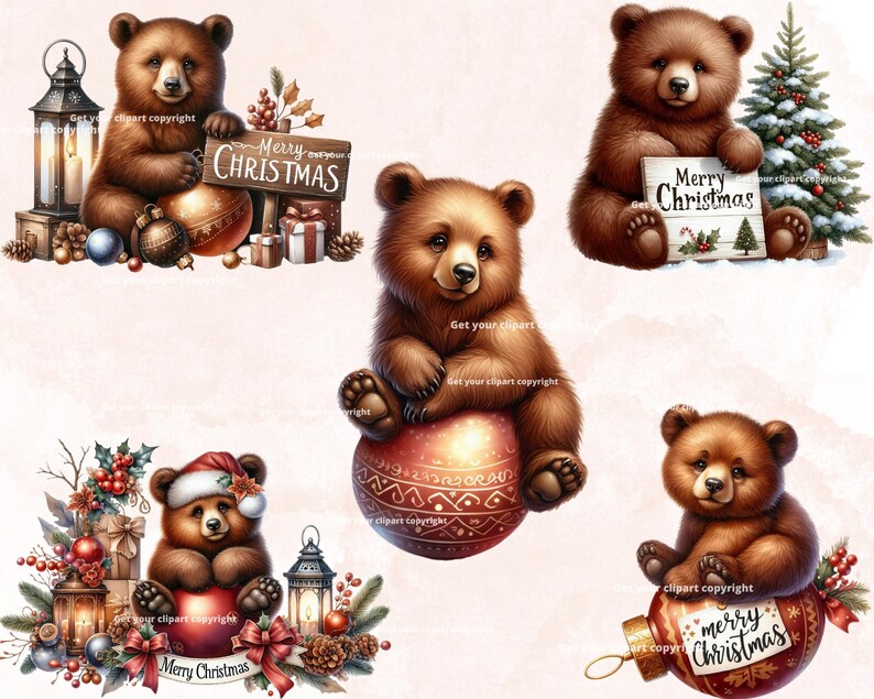 Christmas Brown Bear Clipart Bundle, Watercolor Bear Ornaments, Festive ...