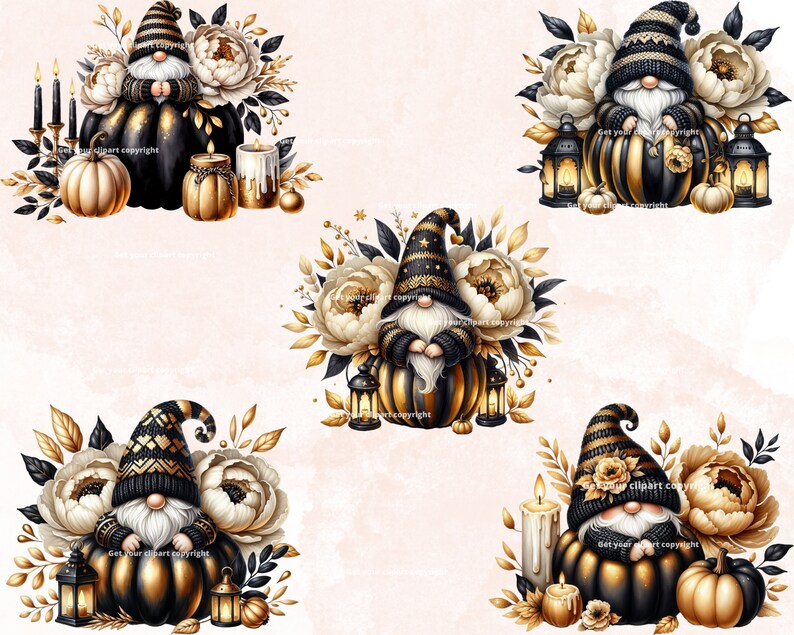 Black and Gold Gnome and Pumpkin Clipart Bundle, Fall Scrapbooking ...