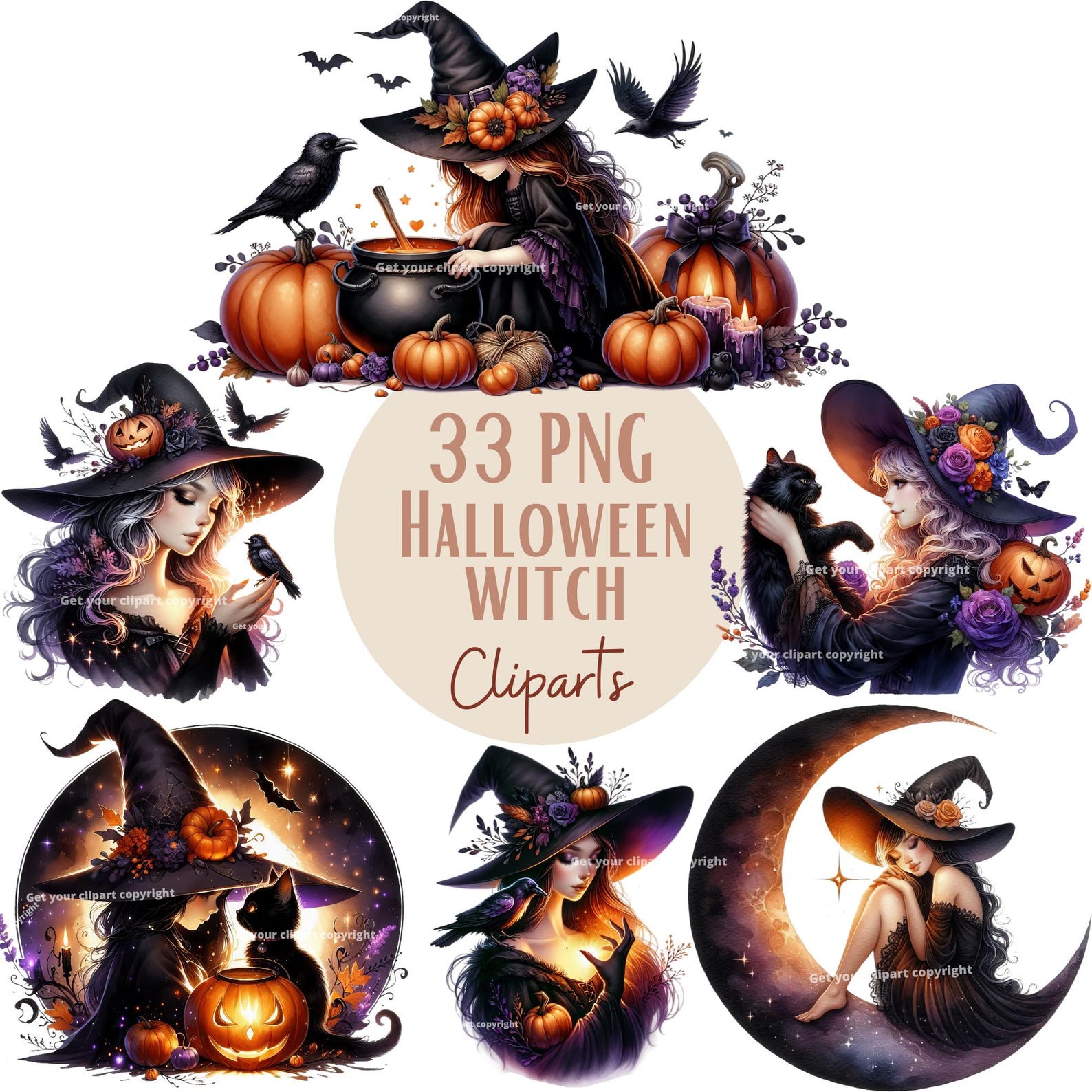 Halloween Witch Clipart Bundle, Halloween Png Bundle, Fantasy Clipart ...