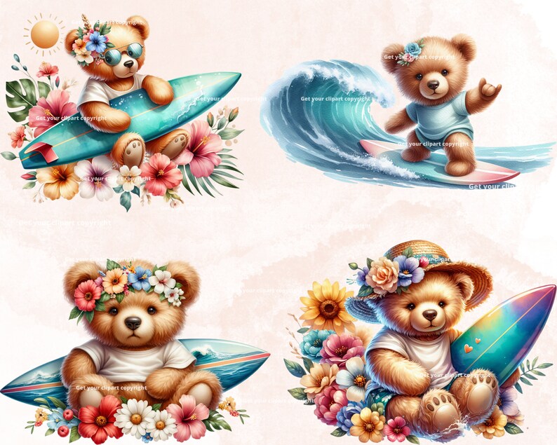 Surfing Teddy Bear Clipart Bundle, Nursery Graphics, Surf Clipart ...