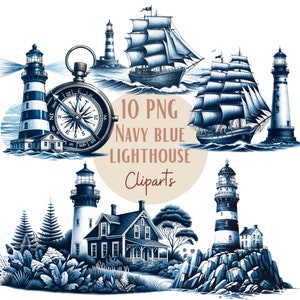 Navy Blue Lighthouse Clipart Bundle, Nautical Graphics, Set of 10 ...