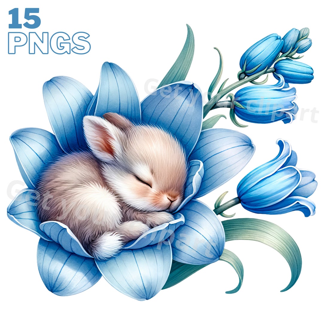 Bunny and Flowers Clipart Bundle, Bunny Nursery Print, Watercolor Bunny ...