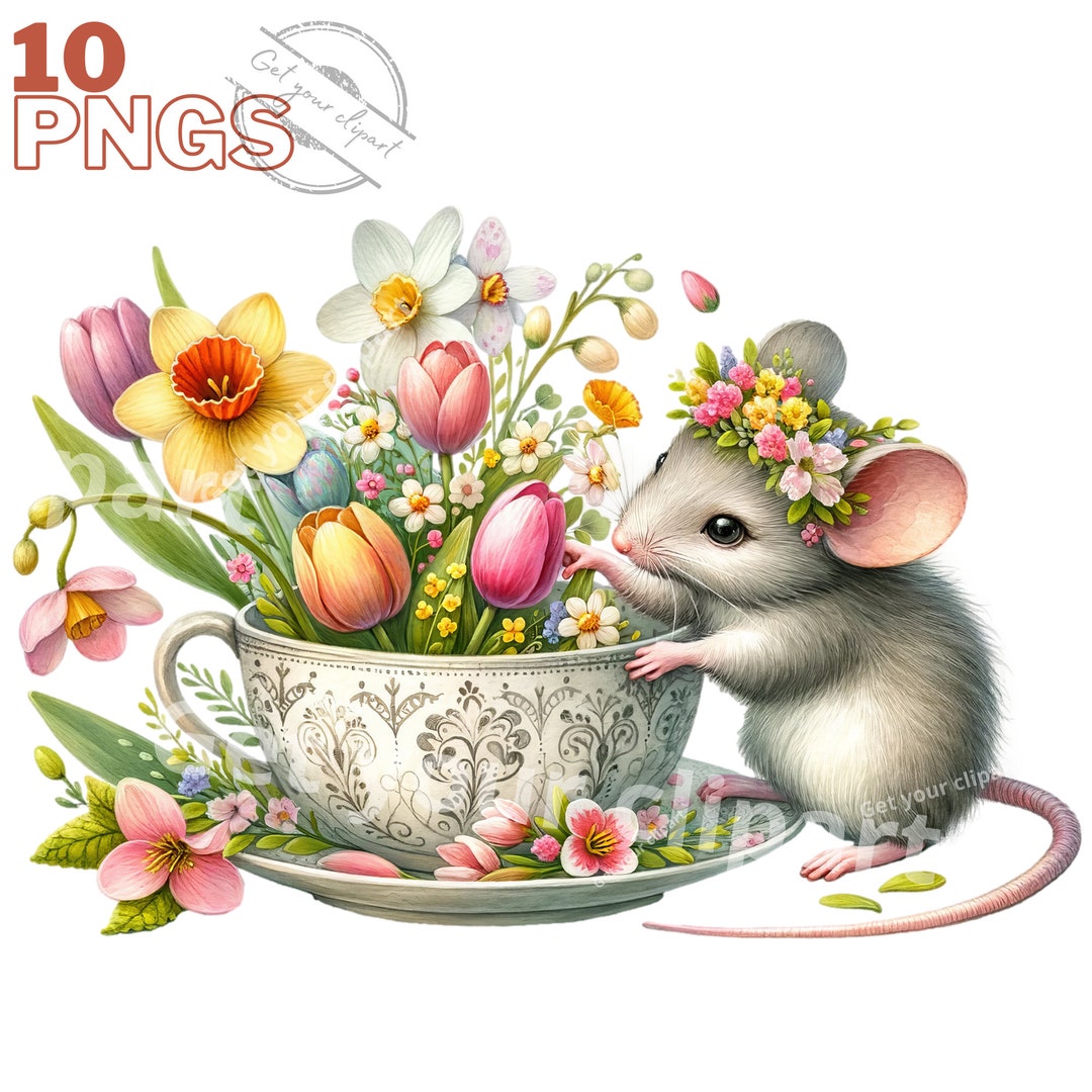 Mice in Tea Cup Clipart Bundle, Mice Pngs, Watercolor Mice Graphics ...