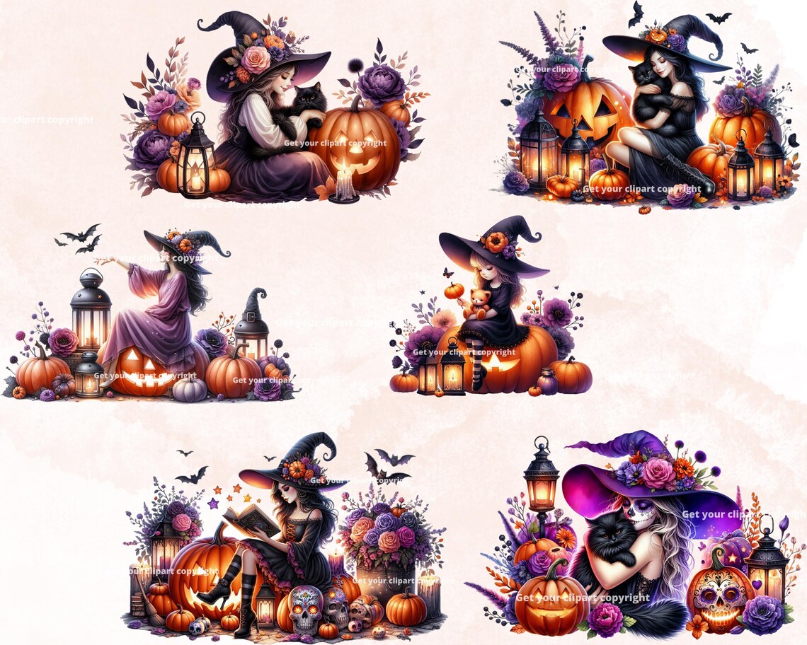 Halloween Witch Clipart Bundle, Halloween Png Bundle, Fantasy Clipart ...