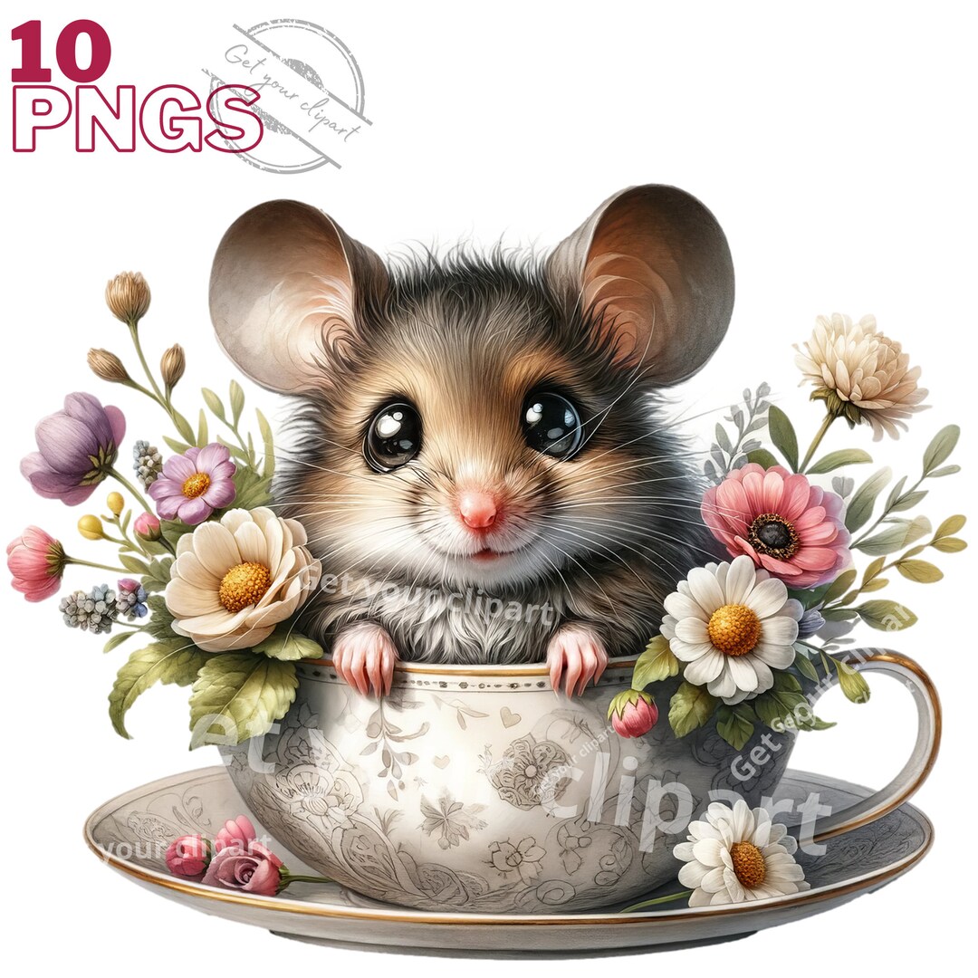 Mice in Tea Cup Clipart Bundle, Mice Pngs, Watercolor Mice Graphics ...