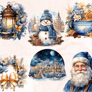 Blue Christmas Clipart Bundle, Snowman Png Graphics, Santa Claus Png ...
