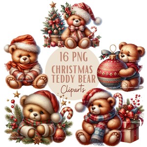Christmas Teddy Bear Clipart Bundle, Watercolor Bear Ornaments, Festive ...