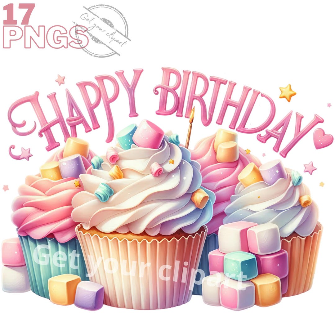 Birthday Cupcake Clipart Bundle, Happy Birthday Graphics, Cupcake Png ...