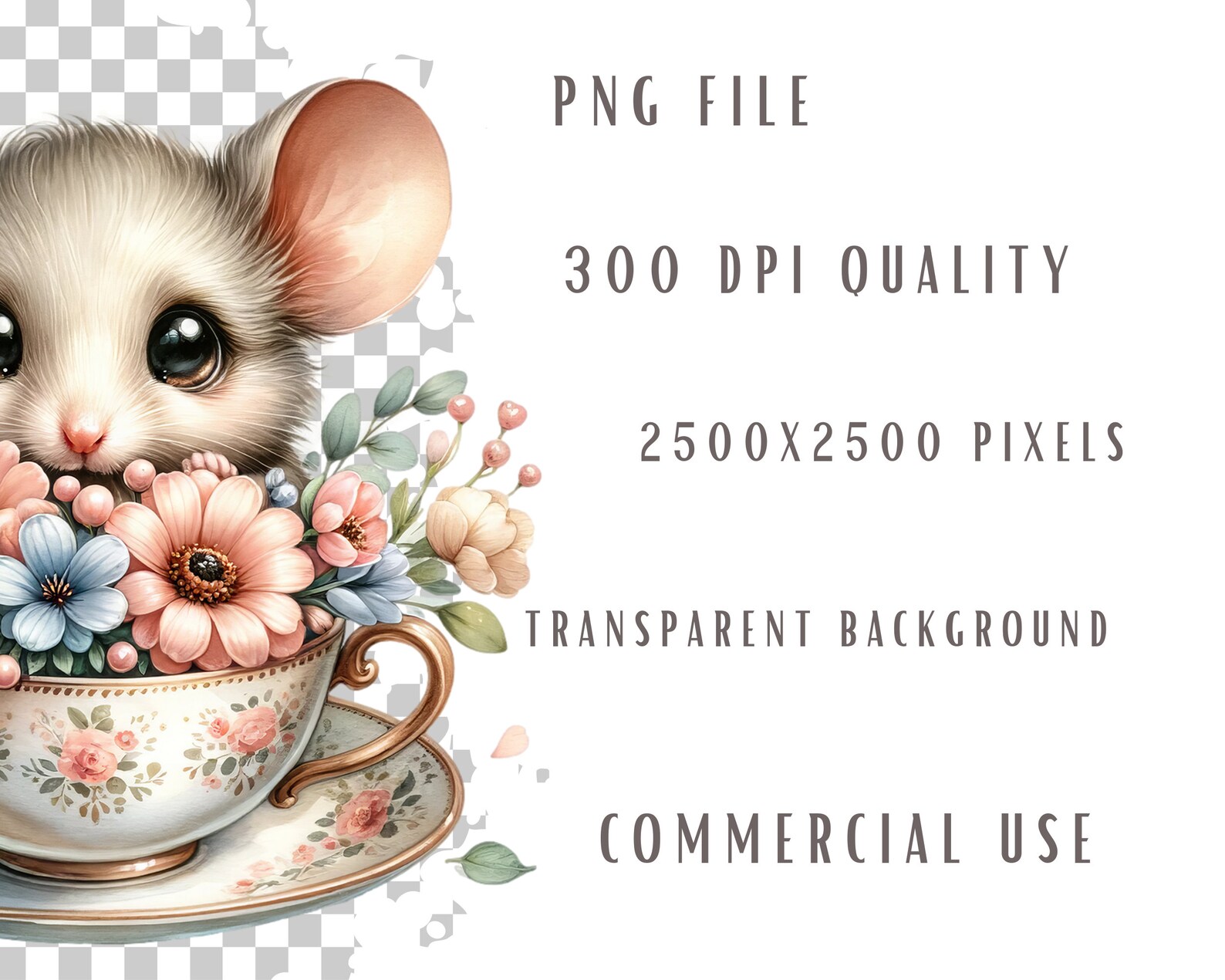 Mice in Tea Cup Clipart Bundle, Mice Pngs, Watercolor Mice Graphics ...