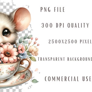 Mice in Tea Cup Clipart Bundle, Mice Pngs, Watercolor Mice Graphics ...