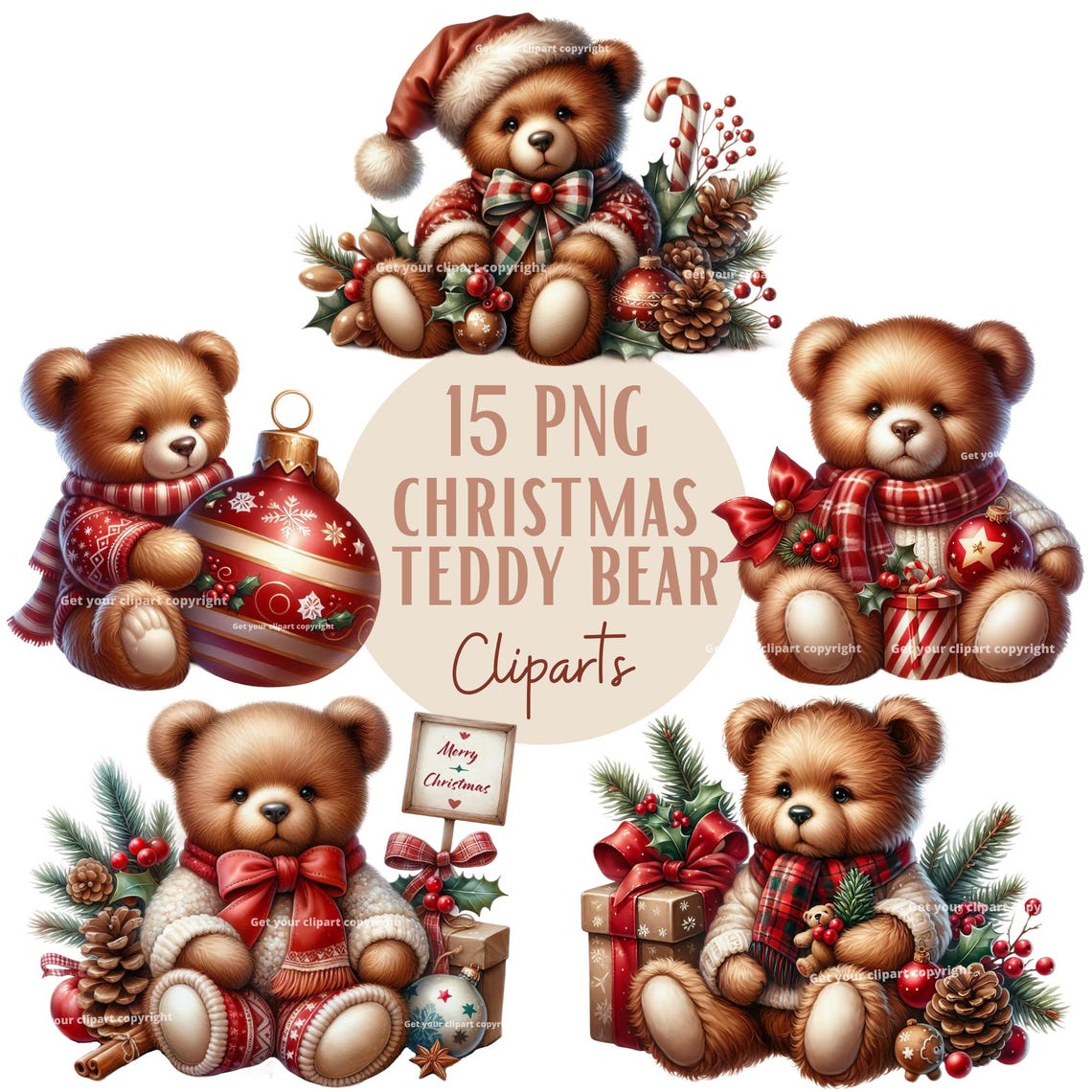 Christmas Teddy Bear Clipart Bundle, Watercolor Bear Ornaments, Festive ...