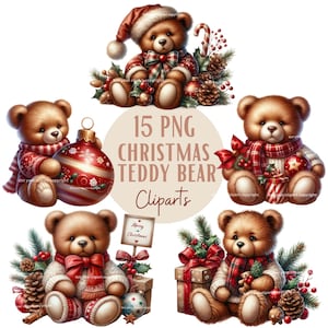 Christmas Teddy Bear Clipart Bundle, Watercolor Bear Ornaments, Festive ...