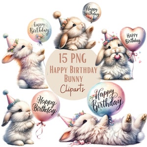 Happy Birthday Bunny Clipart Bundle, Cute Bunny, Birthday Balloons ...