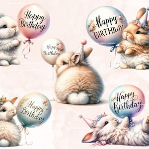 Happy Birthday Bunny Clipart Bundle, Cute Bunny, Birthday Balloons ...