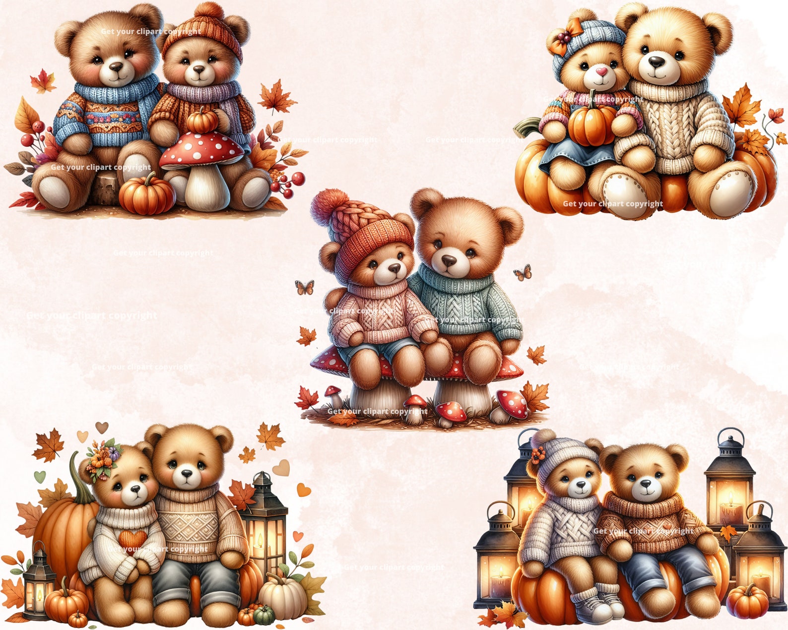 Fall Teddy Bears Couple Clipart Bundle, Teddy Bear Clipart, Teddy Bear ...