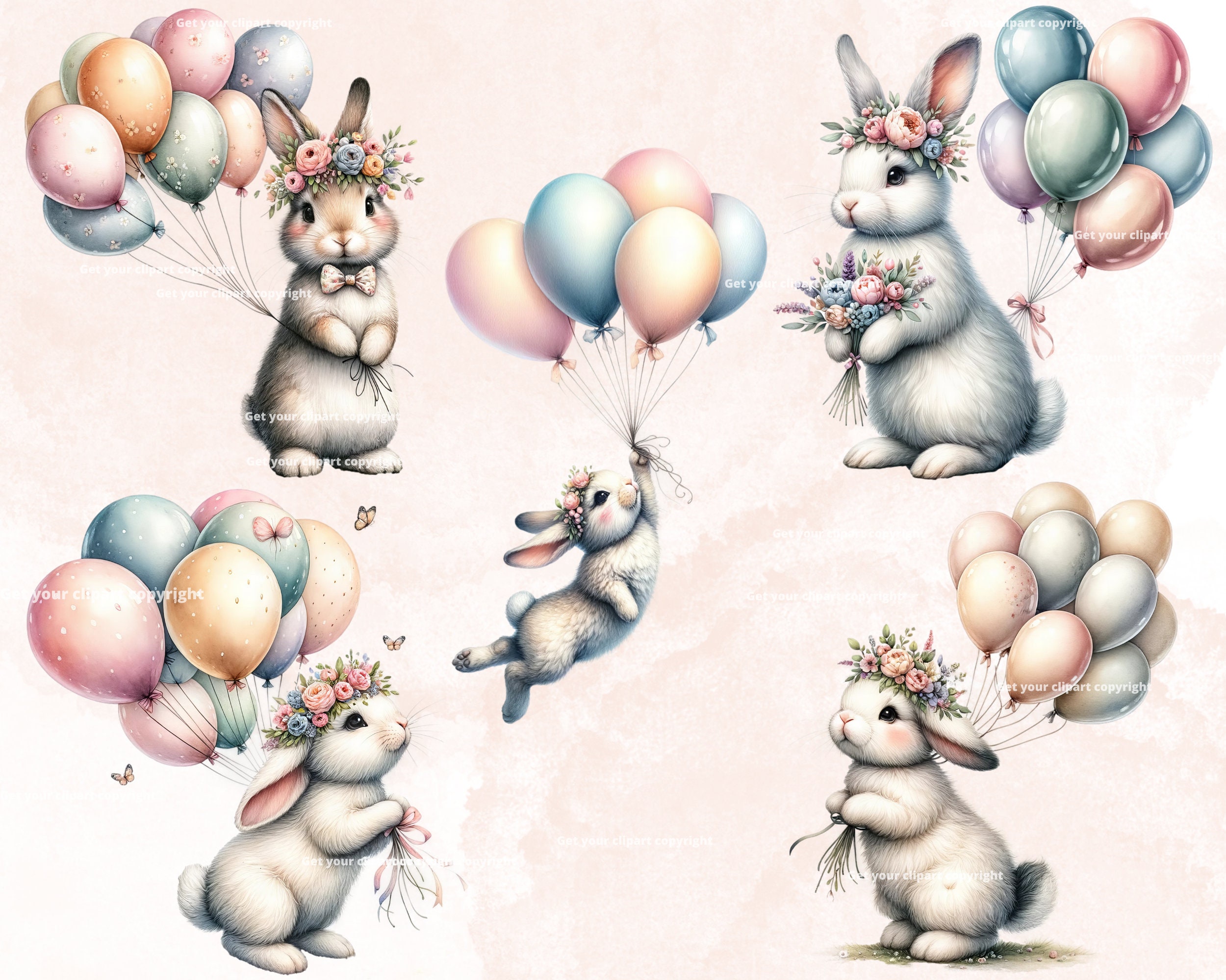 Bunny and Balloons Clipart Bundle, Bunny Nursery Print, Watercolor ...