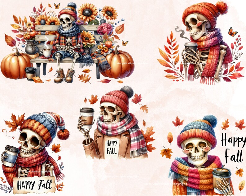 Fall Skeleton Clipart Bundle, Skeleton Drinking Coffee, Autumn Skeleton ...