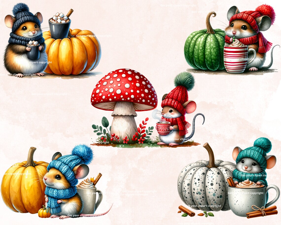 Autumn Mice Clipart Bundle, Cute Mice, Set of 15, Transparent ...