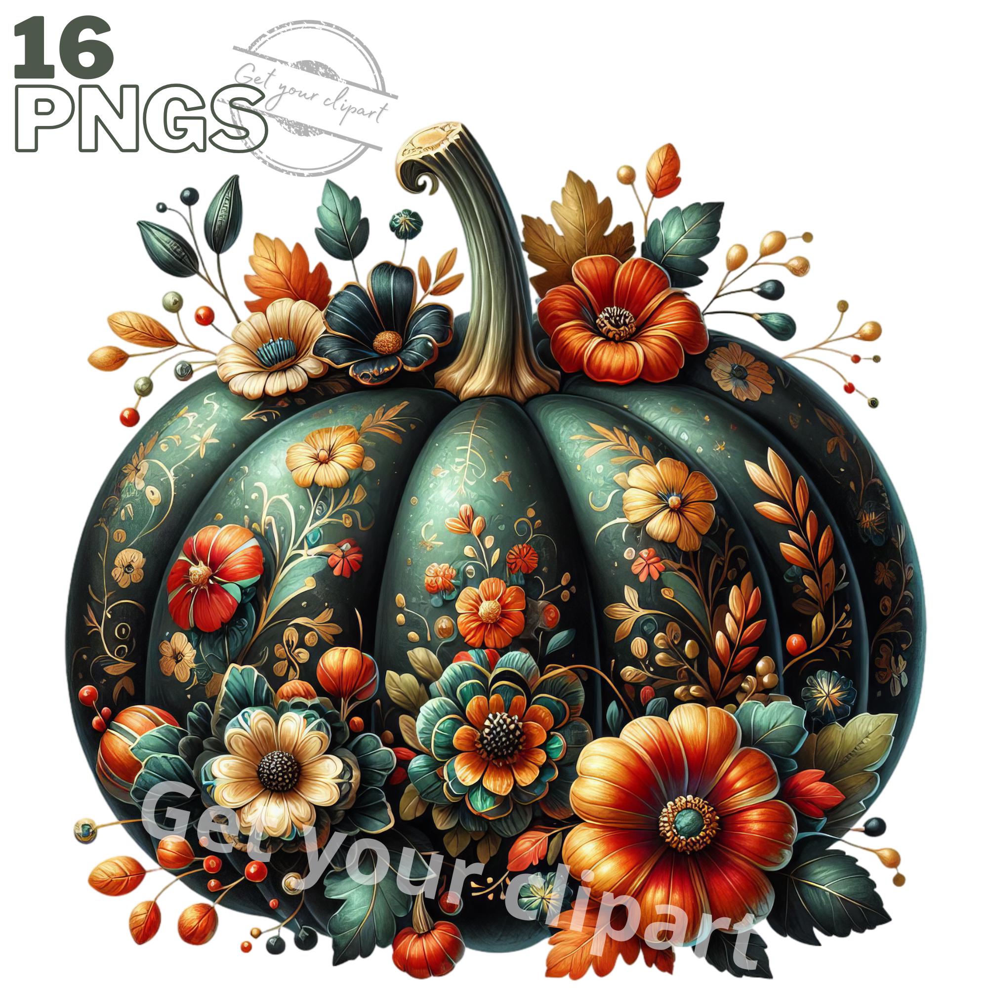 Green Pumpkin Clipart Bundle, Floral Pumpkin Graphics, Forest Clipart ...