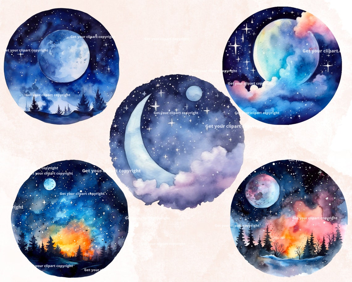 Watercolor Moon Star Clipart Bundle, Moon Png Graphics, Evening Sky Png ...