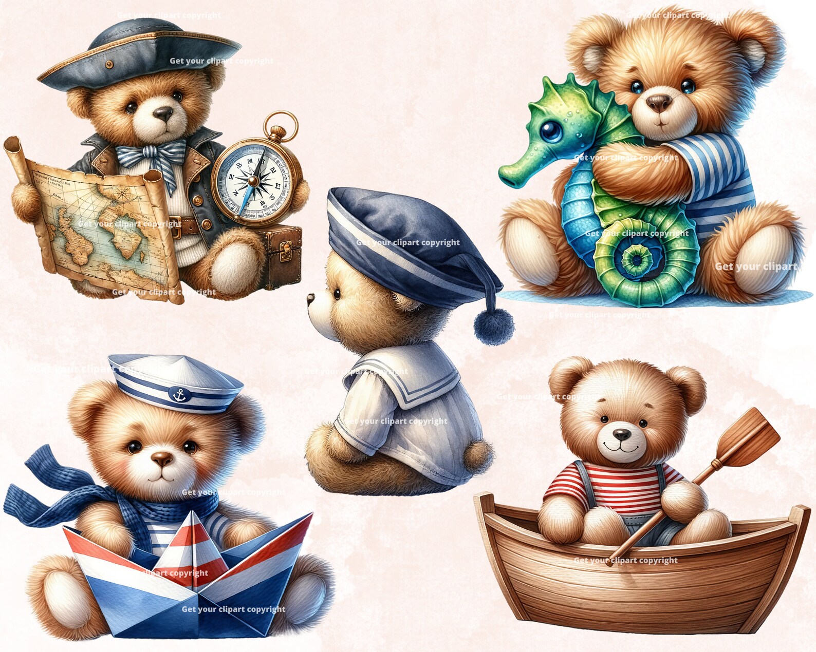 Nautical Teddy Bear Clipart, Nursery Graphics, Nautical Clipart, Teddy ...