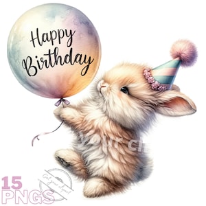 Happy Birthday Bunny Clipart Bundle, Cute Bunny, Birthday Balloons ...