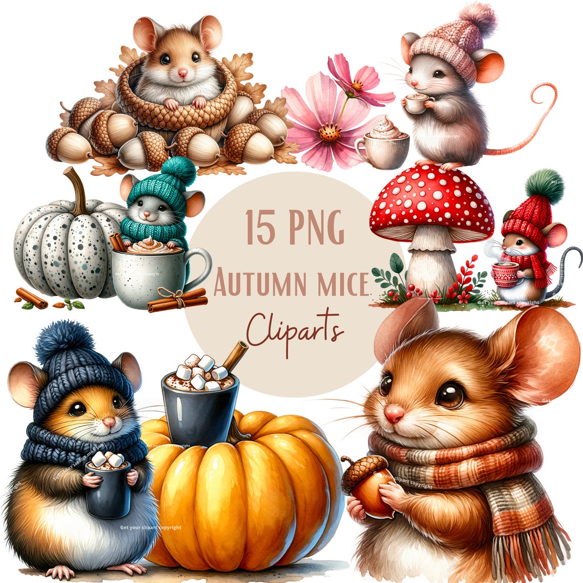 Autumn Mice Clipart Bundle, Cute Mice, Set of 15, Transparent ...