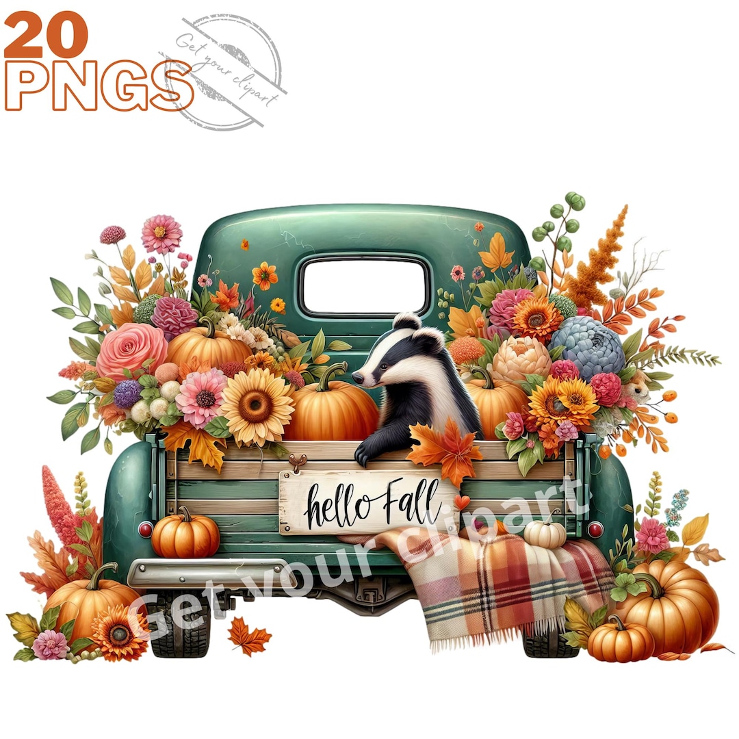 Fall Truck and Cute Animals Png Graphics, Hello Fall Clipart, Farm ...