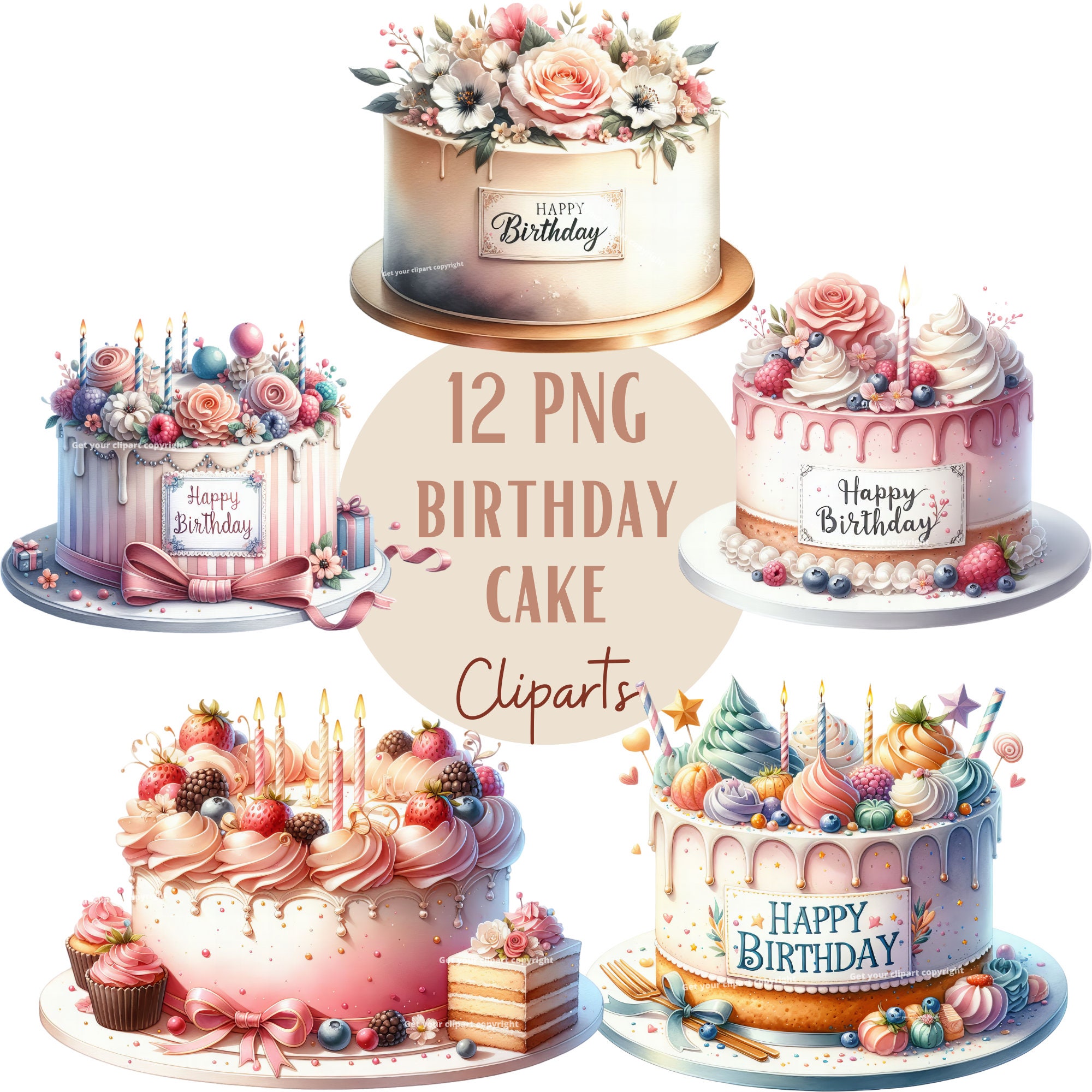 Birthday Cake Clipart Bundle, Happy Birthday Graphics, Cake Png Designs ...