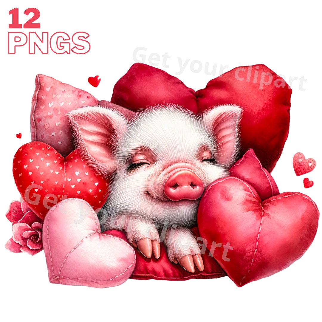 Valentines Pig Clipart Bundle, Cute Pig, Set of 12, Transparent ...