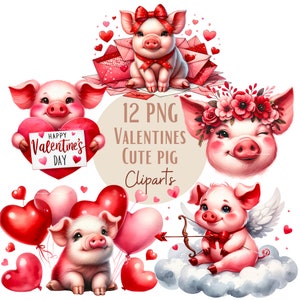 Valentines Pig Clipart Bundle, Cute Pig, Set of 12, Transparent ...