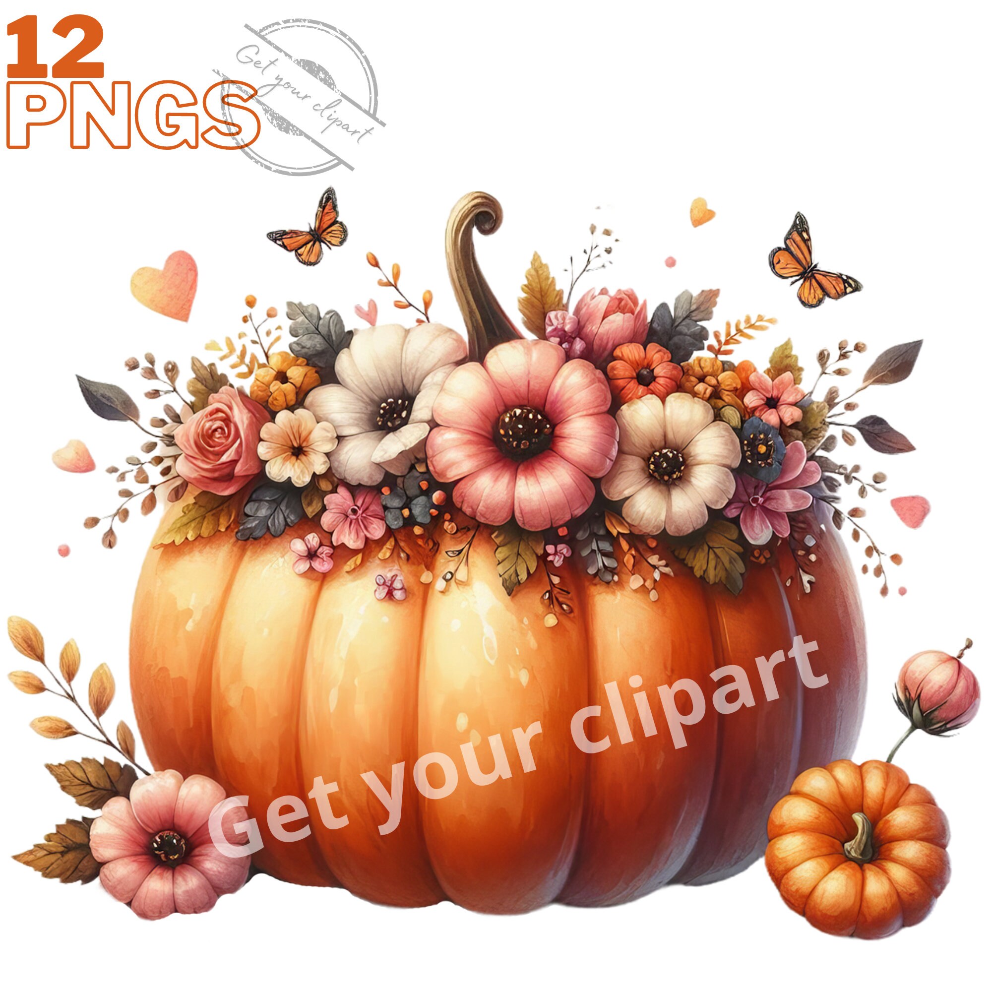 Fall Floral Pumpkin Clipart Bundle, Floral Pumpkin Png, Hello Fall ...