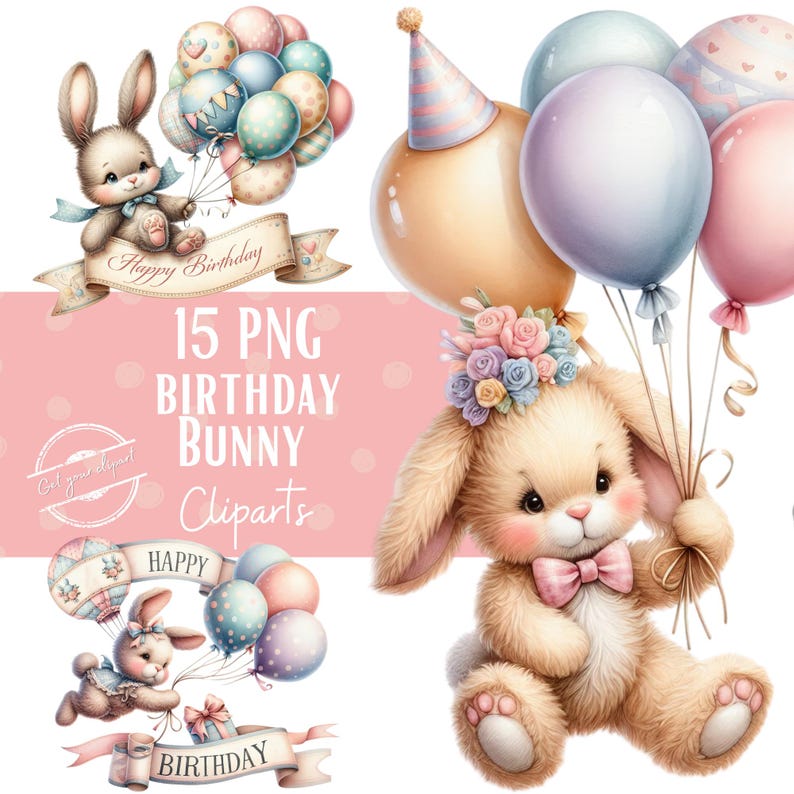 Happy Birthday Bunny Clipart Bundle, Cute Bunny, Birthday Balloons ...