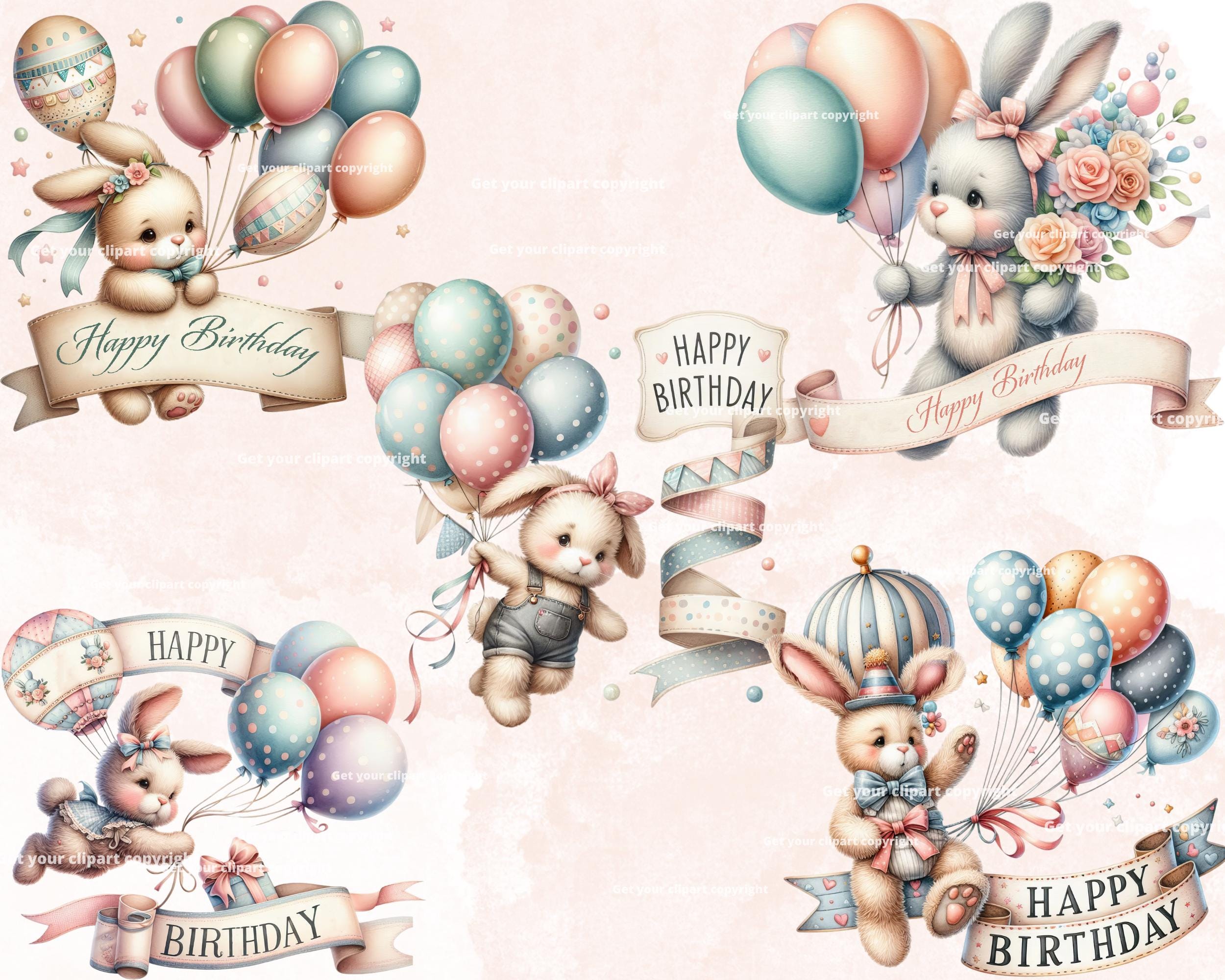 Happy Birthday Bunny Clipart Bundle, Cute Bunny, Birthday Balloons ...