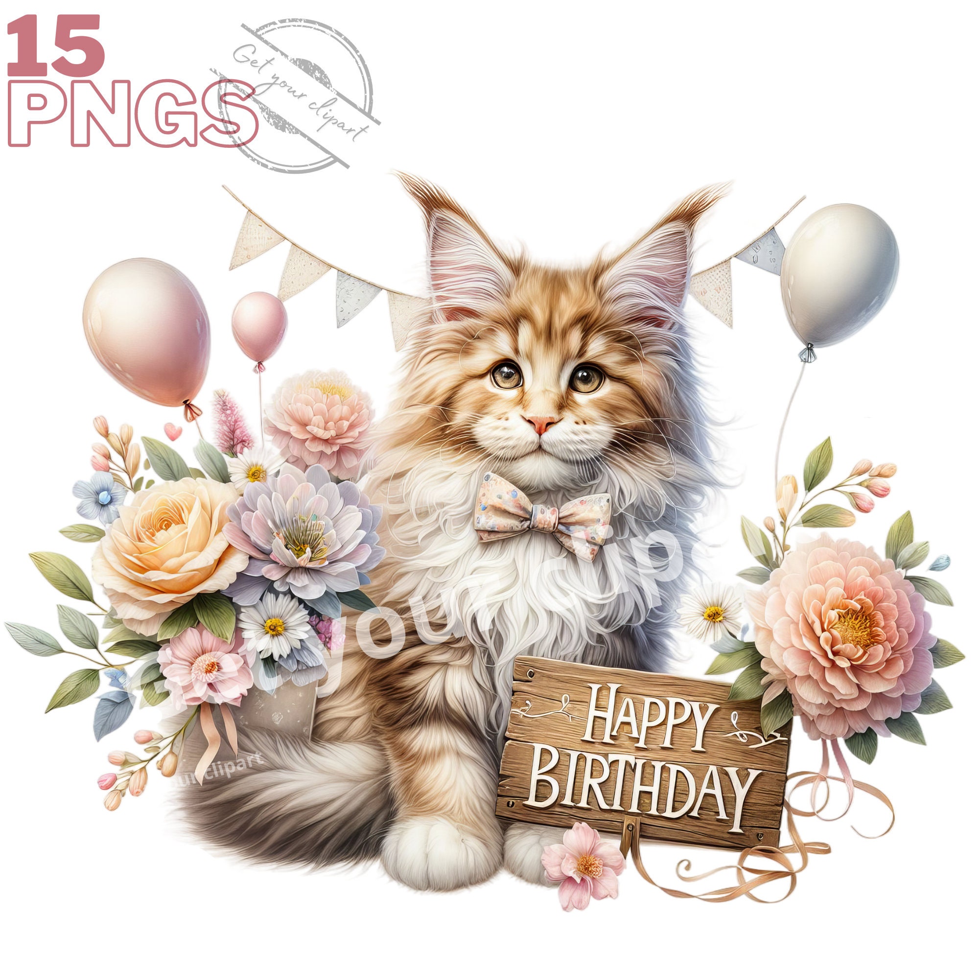 Happy Birthday Maine Coon Clipart Bundle, Happy Birthday Graphics ...