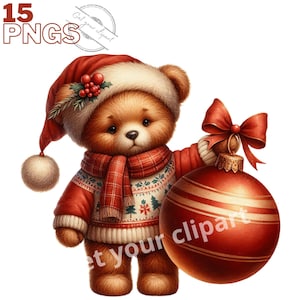 Christmas Teddy Bear Clipart Bundle, Watercolor Bear Ornaments, Festive ...