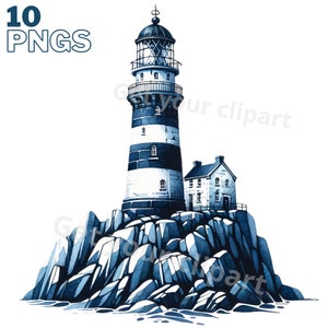Navy Blue Lighthouse Clipart Bundle, Nautical Graphics, Set of 10 ...