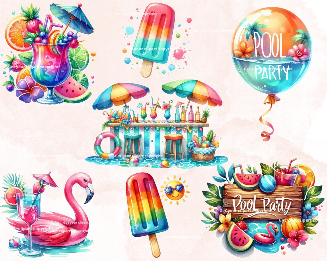 Pool Party Clipart Bundle, Summer Clipart, Pool Party Graphics, Hello ...