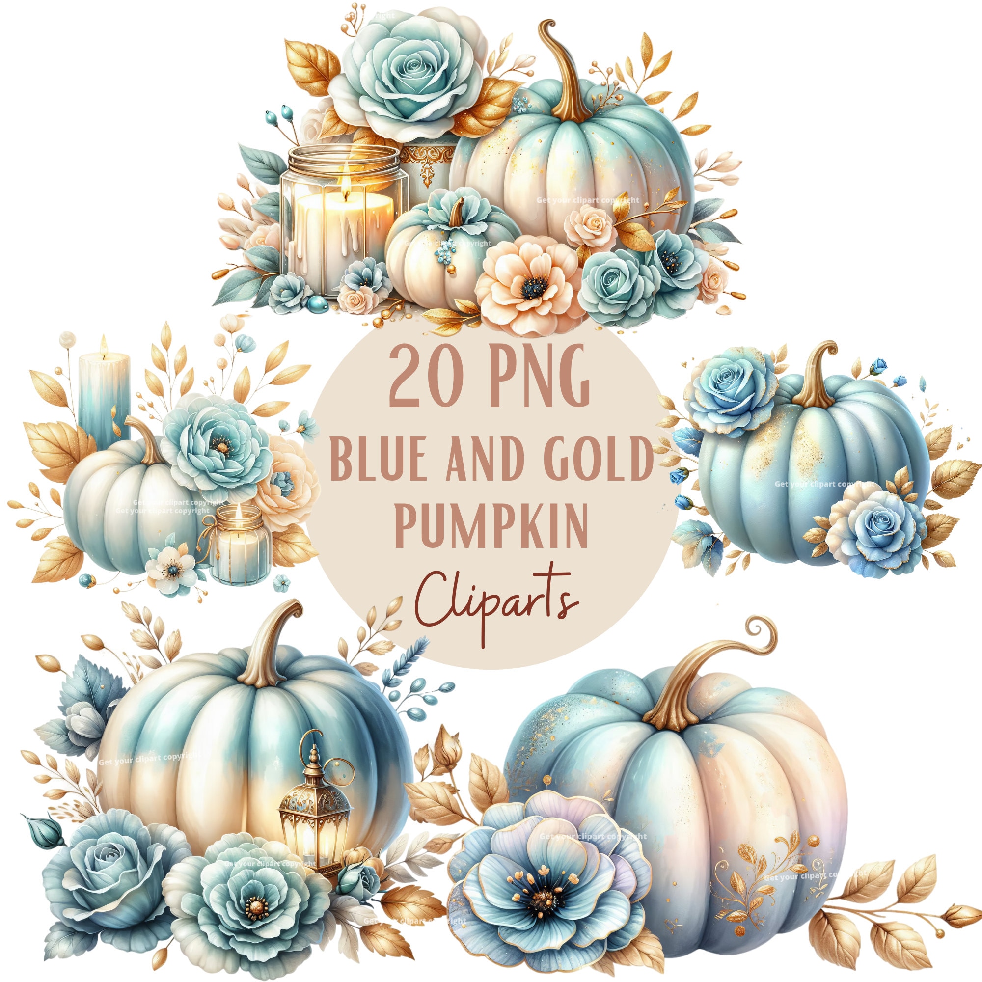 Blue Pumpkin Clipart Bundle, Floral Pumpkin Graphics, Fall Printable ...