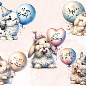 Happy Birthday Bunny Clipart Bundle, Cute Bunny, Birthday Balloons ...