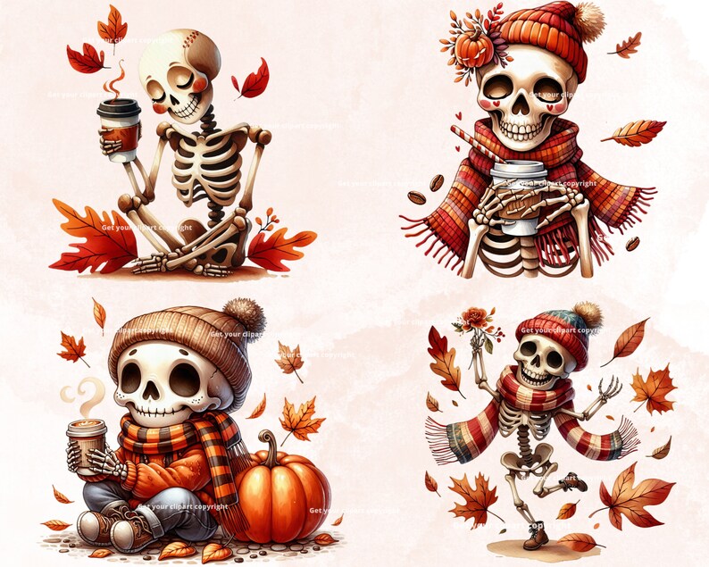 Fall Skeleton Clipart Bundle, Skeleton Drinking Coffee, Autumn Skeleton ...