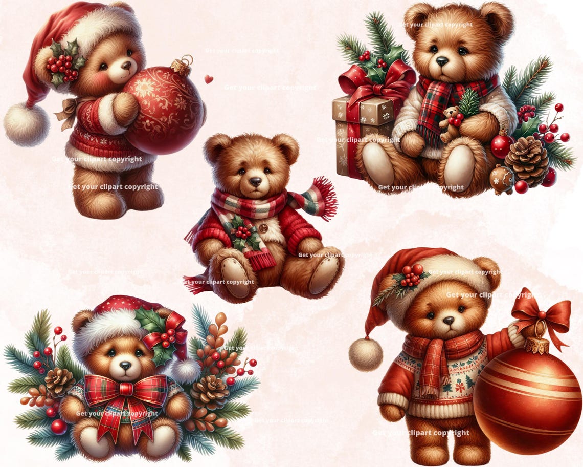 Christmas Teddy Bear Clipart Bundle, Watercolor Bear Ornaments, Festive ...